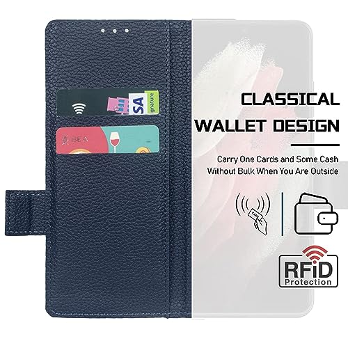 KUGEW for Samsung Galaxy Z Fold 5 Case with S Pen Holder & Camera Cover, Luxury Leather Wallet Phone Cover Built-in S Pen Slot Kickstand Function Card Holder Hinge Protection Shockproof (Blue)