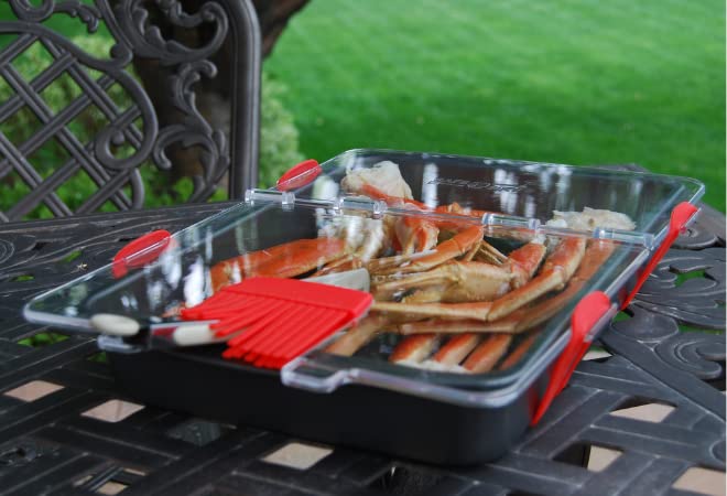 SAFE-T-SIRV Clear Hinged Serving Lid With Utensil Holder, Non-Slip Silicone Straps, Dishwasher Safe (9" x 13",Red)