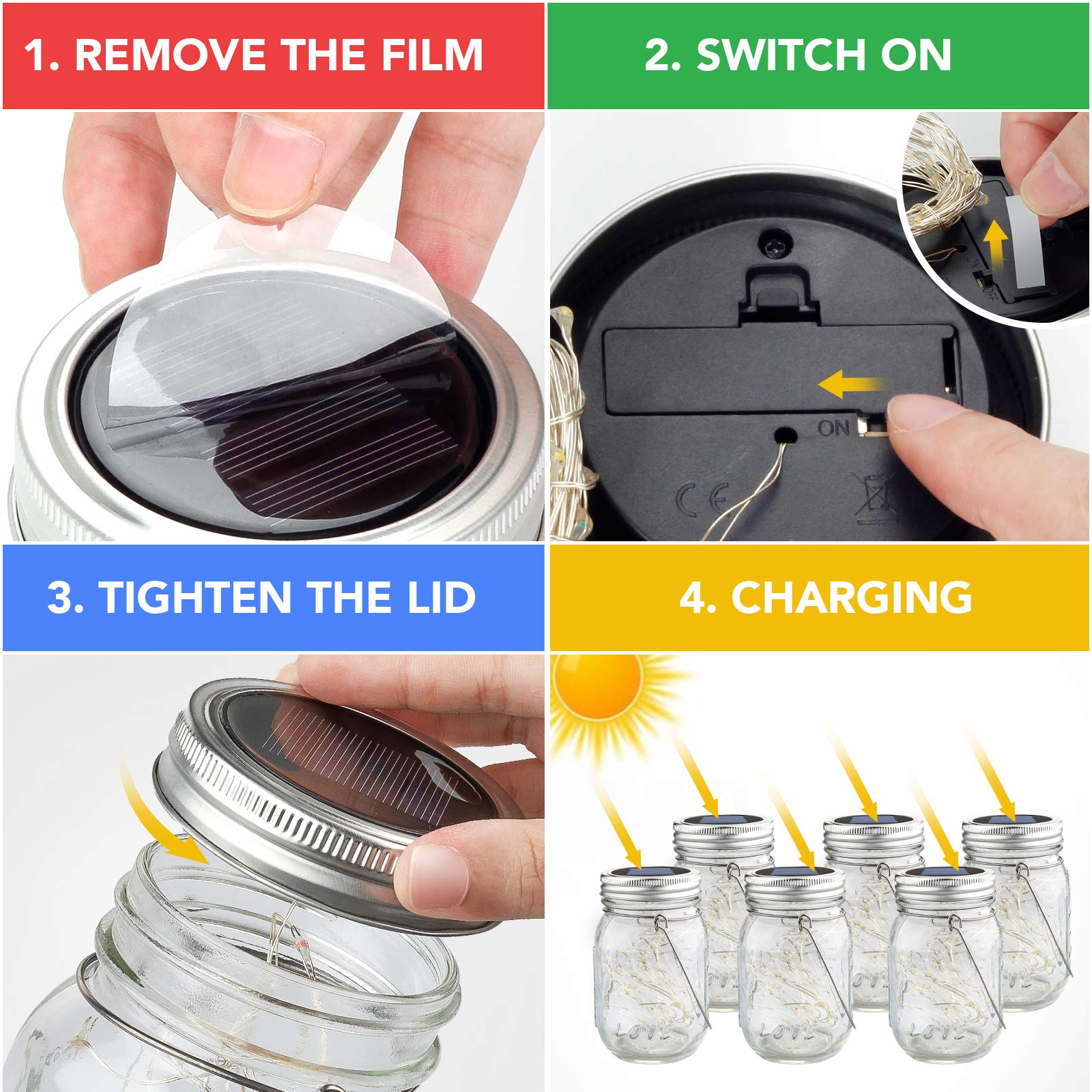 Mason Jar Solar Lights 30 LEDs, 6 Pack Hanging Solar Lights Outdoor, Waterproof Fairy Lights Solar Lanterns for Patio Garden, Hangers and Jars Included- Multicolor
