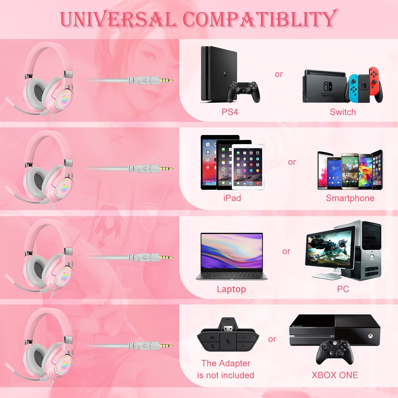 HOLULU Foldable Pink Gaming Headset Compatible with PS5 PS4 PC Mobile Phone Tablet Xbox One(Adapter Not Included), with Detachable Noise Canceling Mic, 3.5mm & USB C Plug, for Adults & Kids
