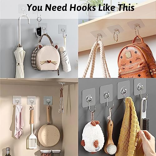 DKHDBD Large Adhesive Hooks, 16-Pack Hold 44lb(Max) Heavy Duty Sticky Hooks, Waterproof Transparent Hooks for Hanging, Self-Adhesive Traceless Clear Wall Hooks to Use for Keys Robe & Towel