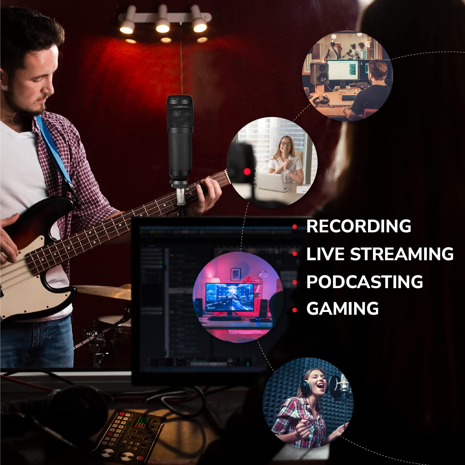 Prisciliano Podcast equipment bundle. Audio Interface with condenser microphone & accesories: Sound Card Mixer. Podcast Studio equipment for Live Streaming, PC, Karaoke Recording and Gaming. DJ Mixer.