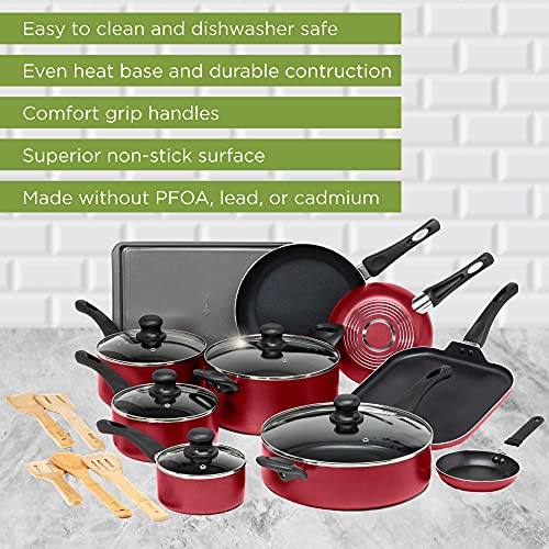 Ecolution Easy Clean Nonstick Cookware Set, Dishwasher Safe Kitchen Pots and Pans Set, Comfort Grip Handle, Even Heating, Ultimate Food Release, 20-Piece, Red