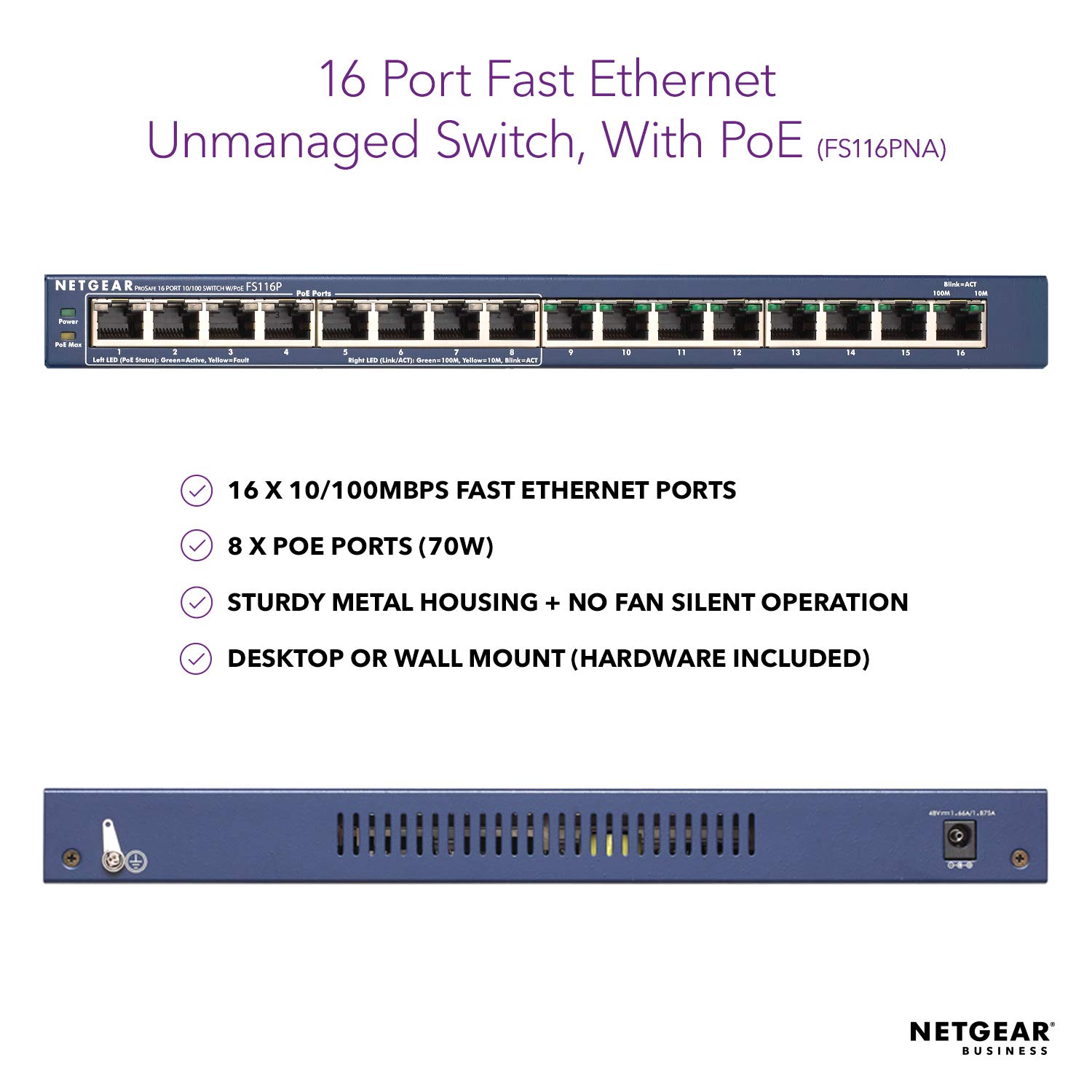 Prosafe 16port 10/100 Desktop Switch With 8port Poe Fs116p
