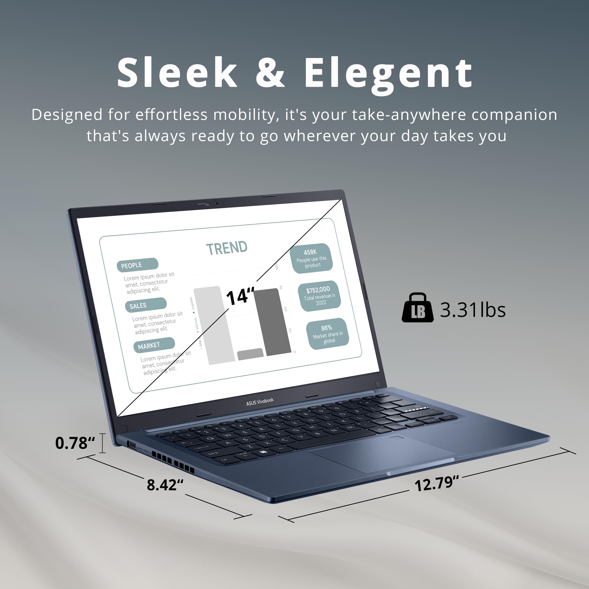 ASUS Vivobook 14" FHD Business Laptop, Intel Core i5 1235U, 16GB RAM, 512GB PCIe SSD, Iris Xe Graphics, Backlit Keyboard, Fingerprint Sensor, HD Camera, WiFi 6, Win 11 Pro, Blue, 32GB Hotface USB Card