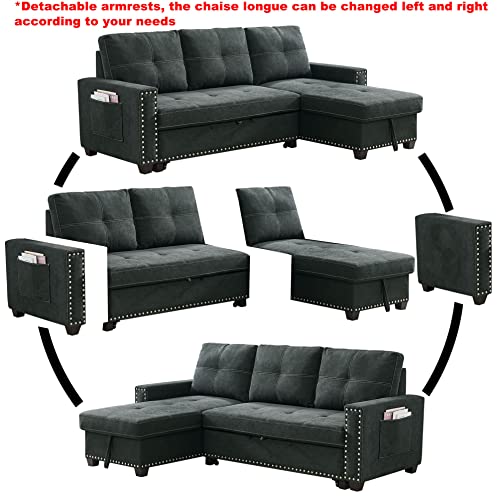 EMKK Home Reversible Sleeper Sectional Sofa Chaise, L-Shape Sofá Pull-Out Bed w/Side Storage Bag Furniture Setfor Apartment,Living Room,Office, Black 82“