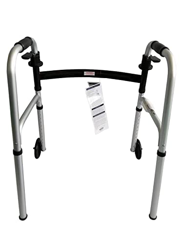 HEALTHLINE 2 Wheel Walker for Seniors & Adults - Deluxe Lightweight Foldable Walker with Wheels 5" up to 350 lbs and Free 2 Pair of Rear Glides & Triggers (Red)