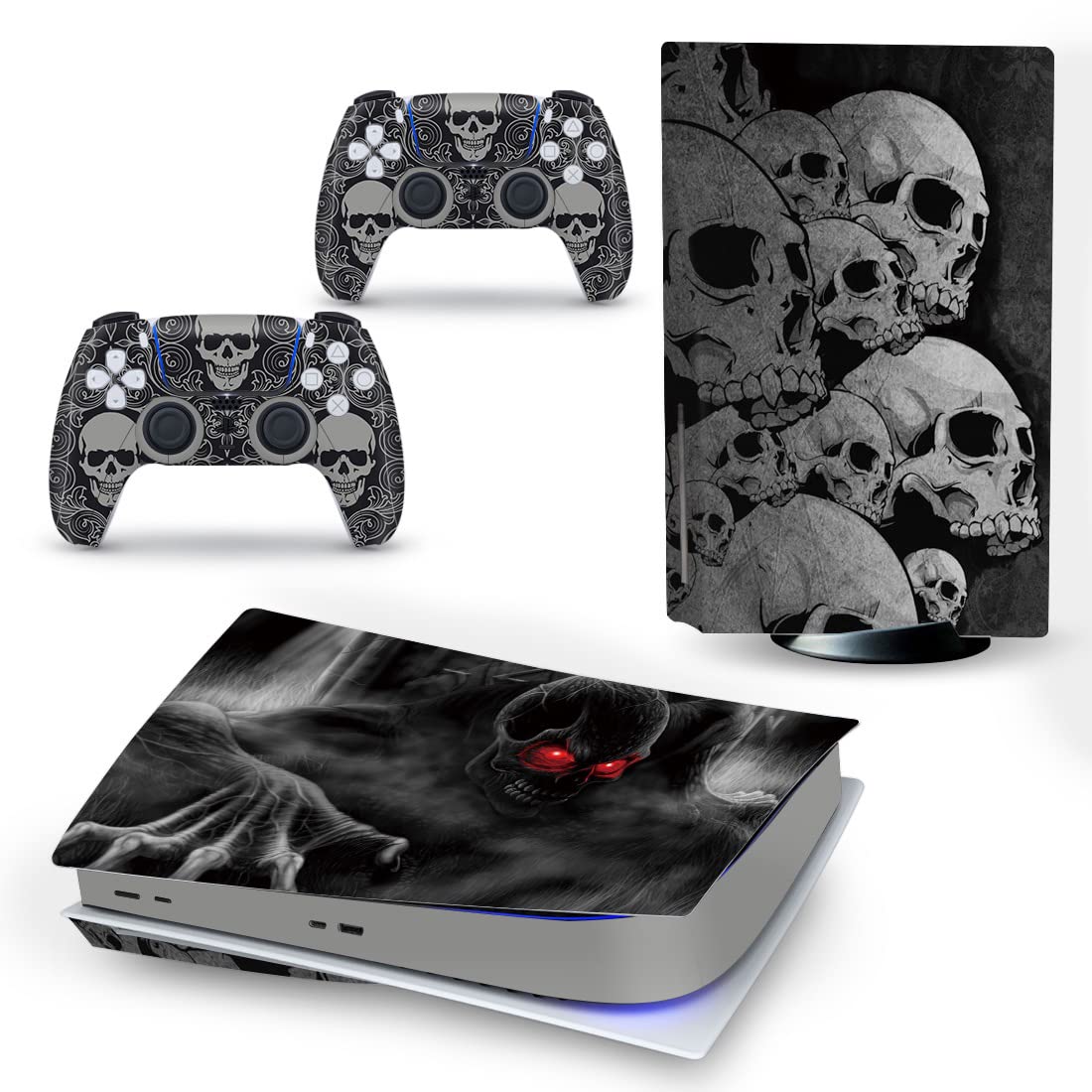 PS5 Skin Stickers Full Body Vinyl Skins Wrap Decals Cover for PS5 Disc Edition Console & Controllers (Black Skulls)