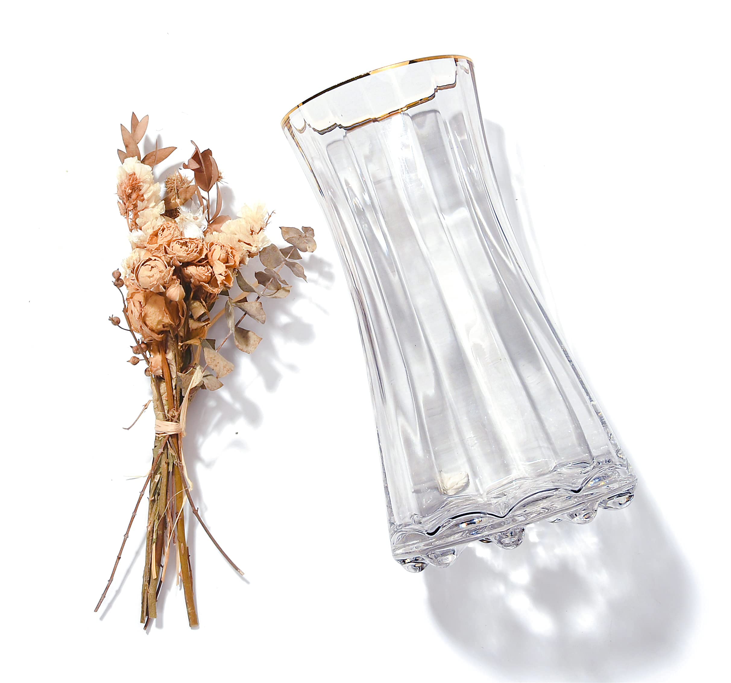 Moreast Glass Flower Vase for Home Office Decor, Crystal Clear Vase with Gold Rim and Ribbed Texture for Flower Arrangement, Spring Garden Vase 9" Tall