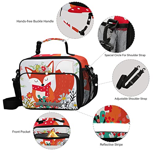 Cute Fox Lunch Box Flower Insulated Lunch Bag Girls Cooler Tote Kids Boys Shoulder Strap Reusable for School Picnic Travel Office
