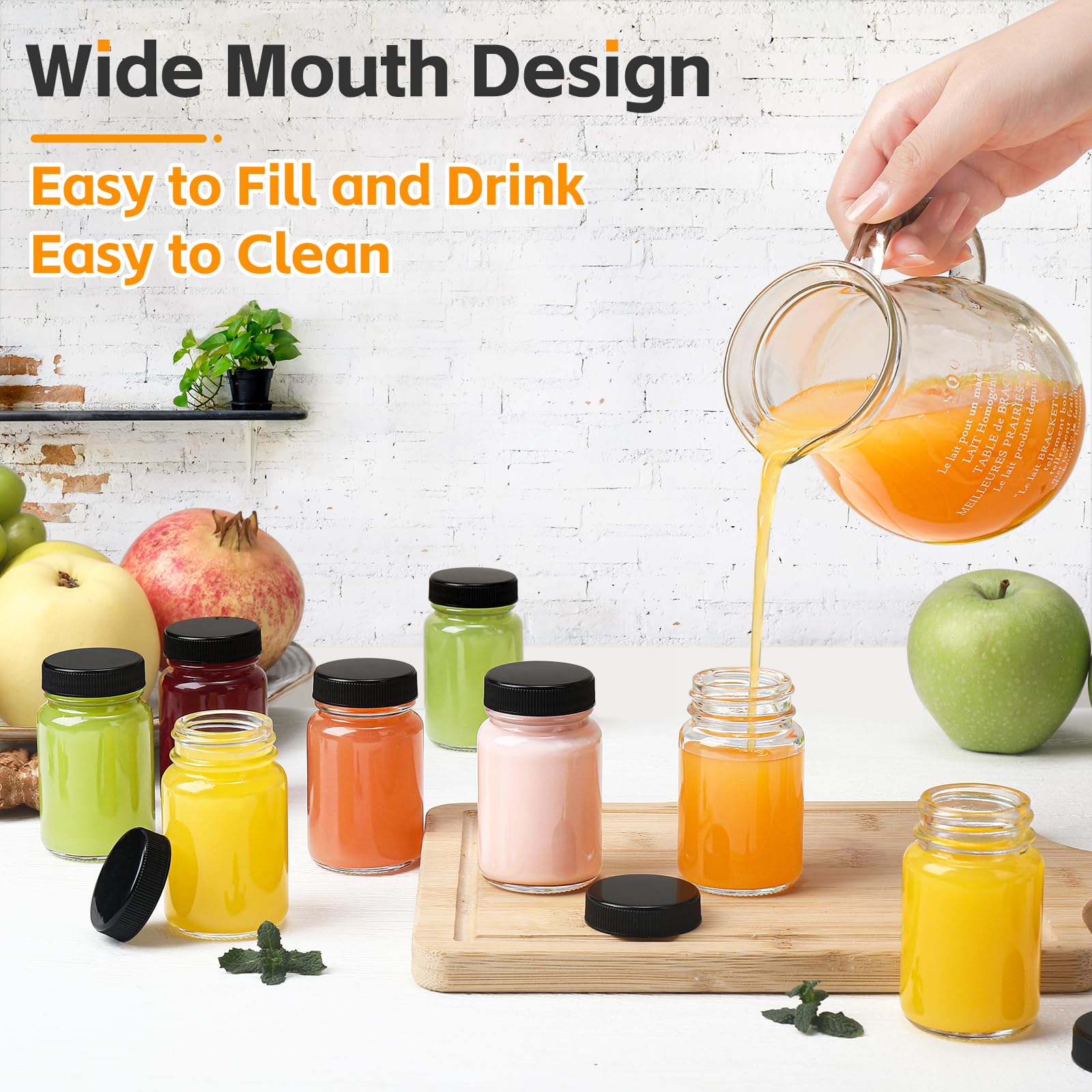 DIMBRAH Shot Bottles with Caps- 24pcs Ginger Shots Bottles,2 oz Glass Jars with Lids,Travel mini bottles with lids,Small Glass Bottles for Juice(with White Plastic Lid & 30 Blank Labels)