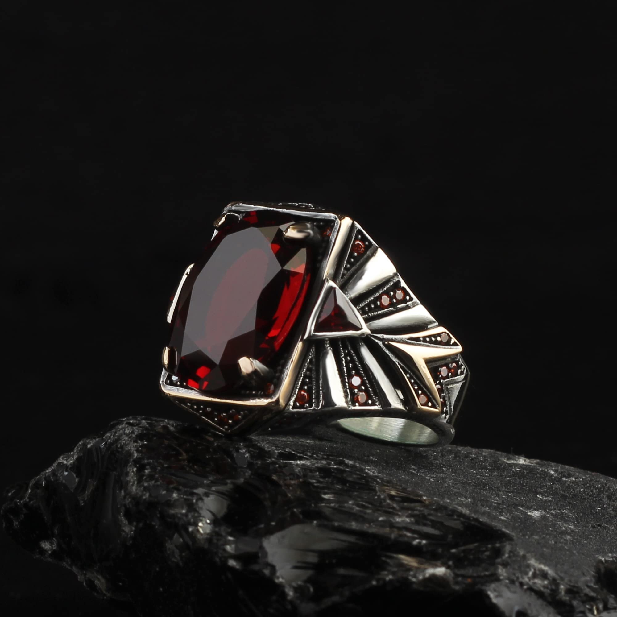 Handmade 925 Sterling Silver Men's Ring with Triangle Garnet Gem Stone, Futuristic Statement Ring gifts for men handmade rings valentines day gifts for him