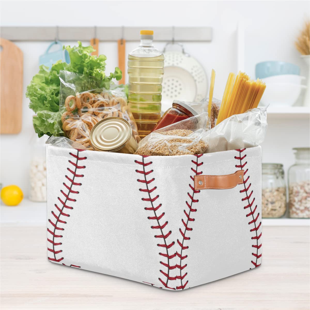 AUUXVA Baseball Stitches Laces Storage Bins Baskets Fabric Laundry Baskets, Red Softball Storage Cube Boxes Organizer Bag Bin for Toy Organizing Book Storage Shelves Nursery Closet