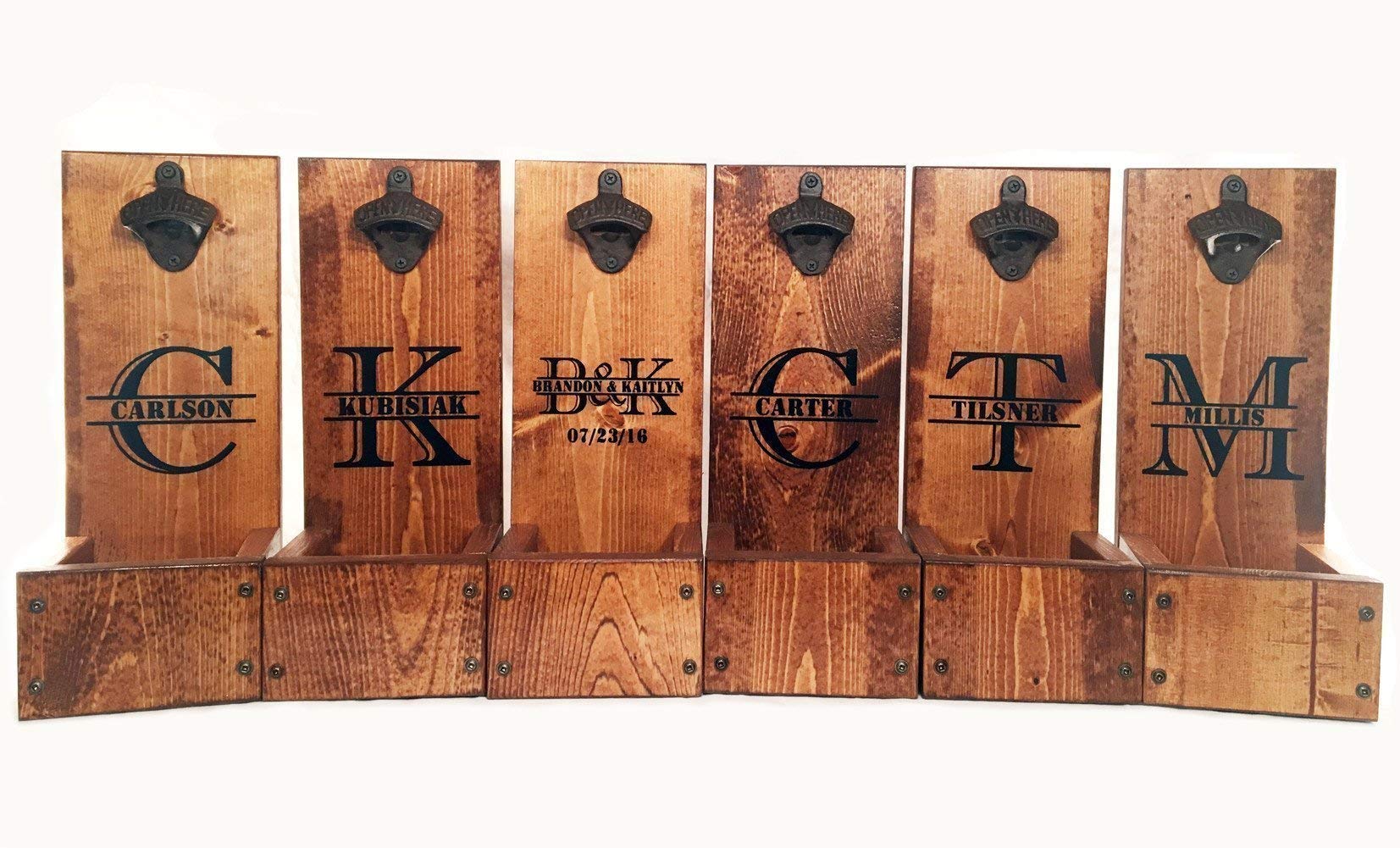Bottle Opener with Dropbox Cap Catcher - Wall Mount or Freestanding - Laser Engraved - Personalized Christmas Gift idea for men Rustic Wood Groomsmen Gift Sets, Wedding and Anniversary Presents