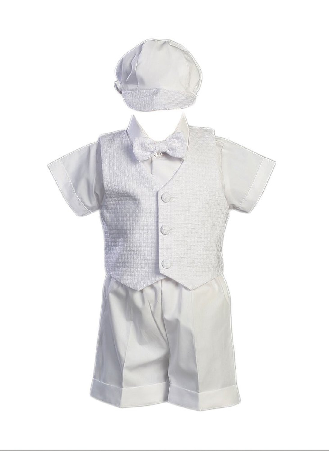 Swea Pea & Lilli Poly Cotton Christening Short Set with Basket Weave Veast and Hat - White Size M (6-12 Months) / 13-17 Pounds