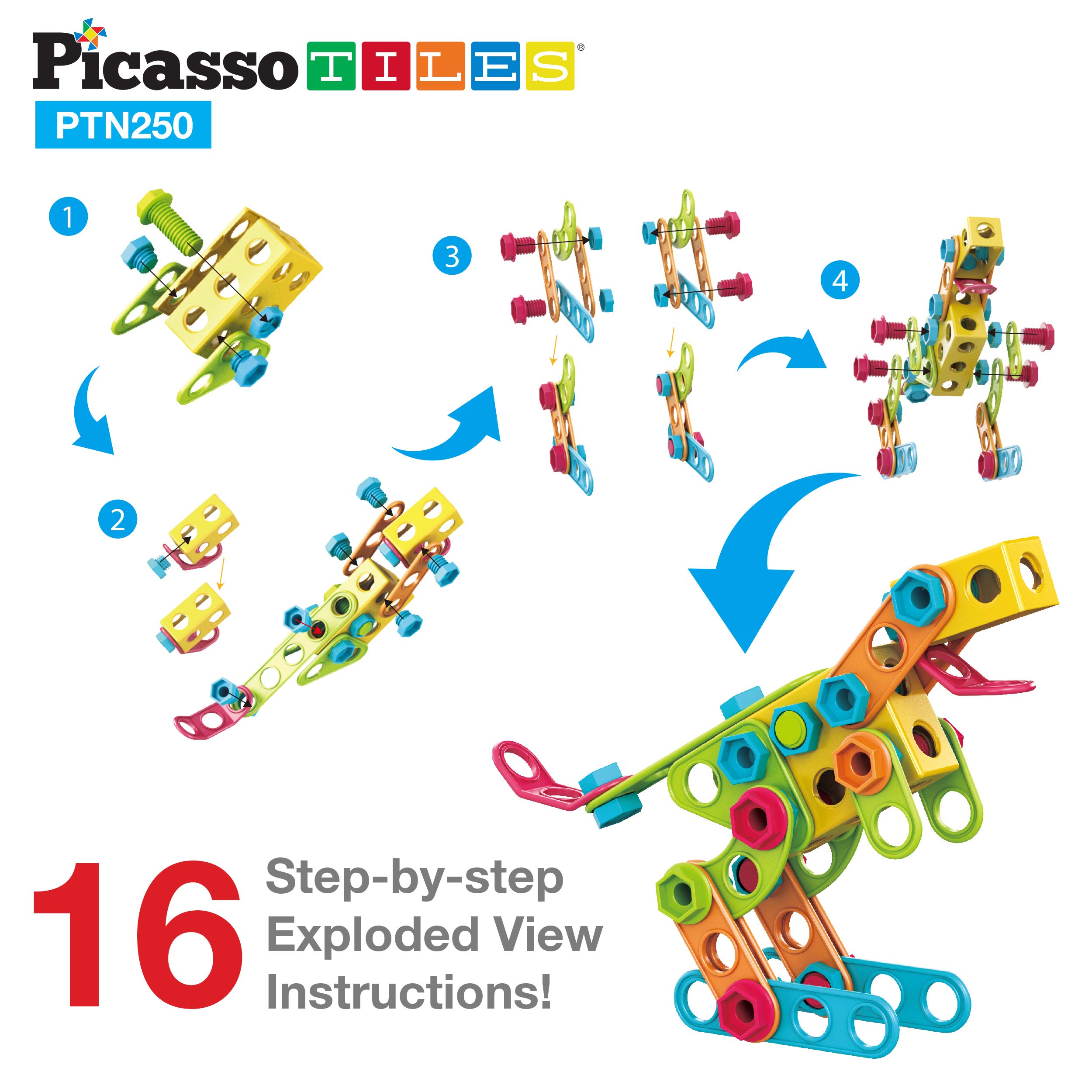 PicassoTiles STEM Learning Toys 250 Piece Building Block Kids Construction Engineering Kit Toy Blocks Children Early Education Playset w/Free IdeaBook, Power Drill, Clickable Ratchet, Age 3+ PTN250