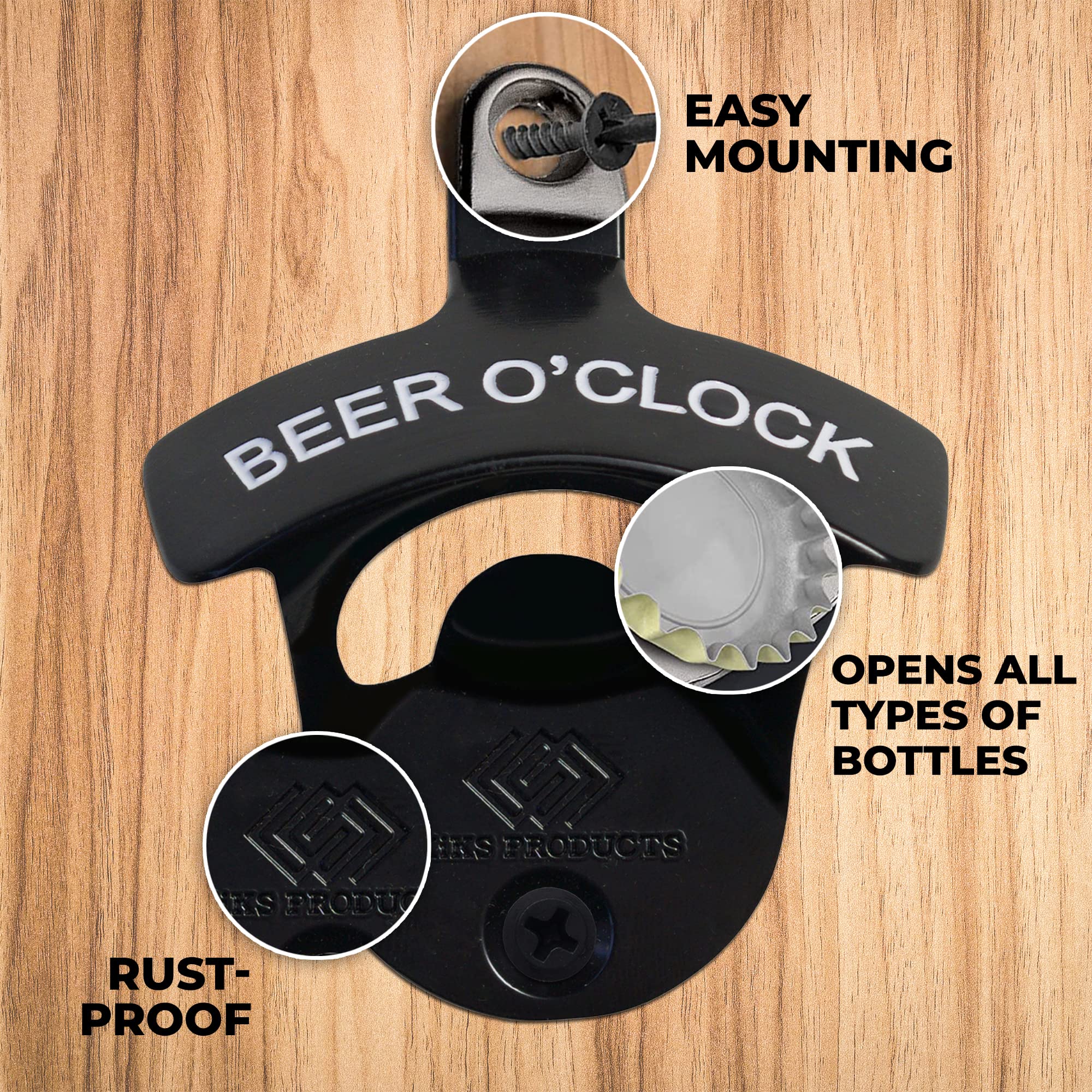 Bottle Opener Wall Mounted - Beer O'Clock Design Bottle Opener - Cool & Funny Wall Bottle Opener - Perfect for Men, Your Dad or Boyfriend & Beer Lovers - Durable Black Wall Mounted Beer Accessories