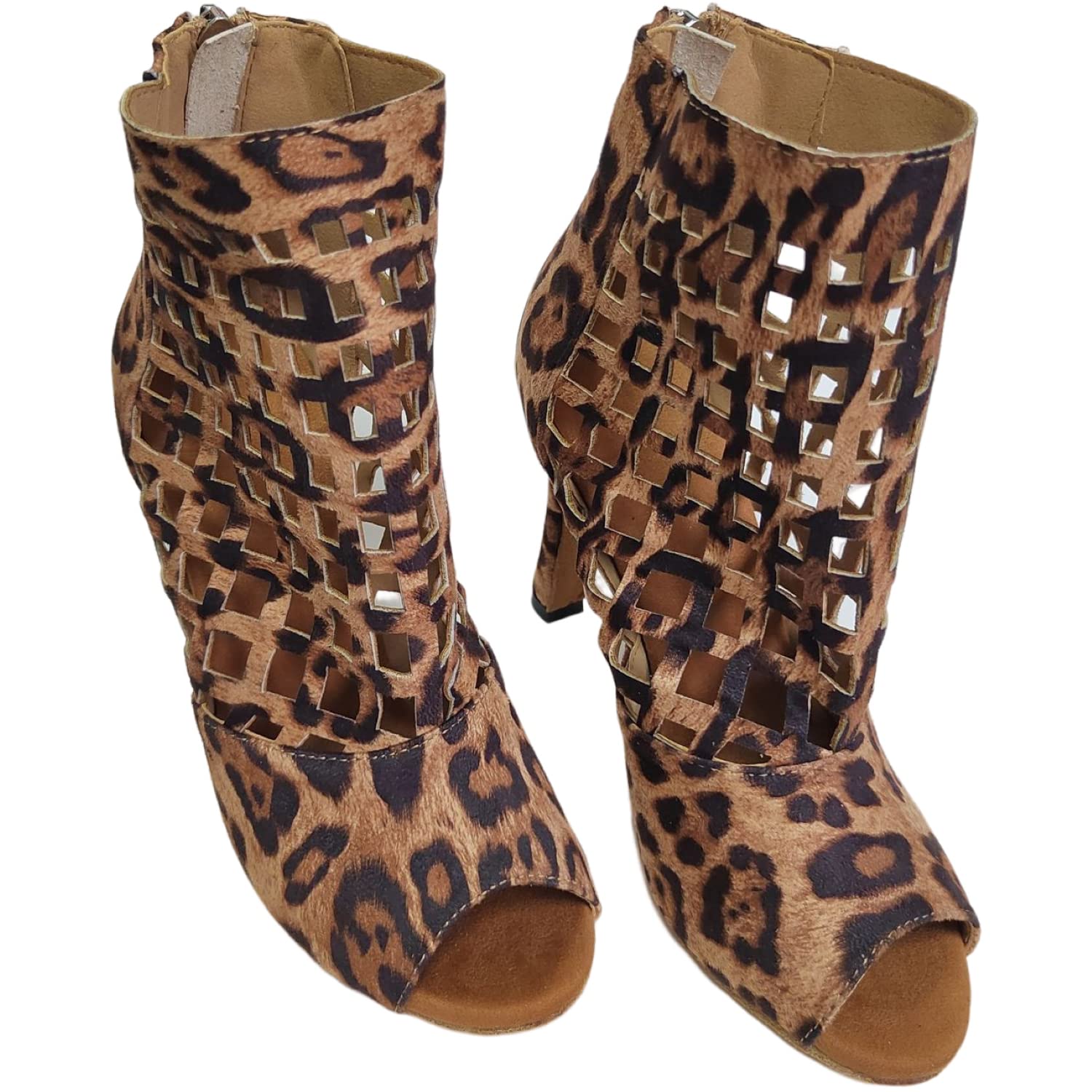 Beinimira Womens Hollow Out Latin Dance Shoes Peep Toe Mid Heel Leopard Boots Tango Latin Ballroom Chacha Leopard US 8.5