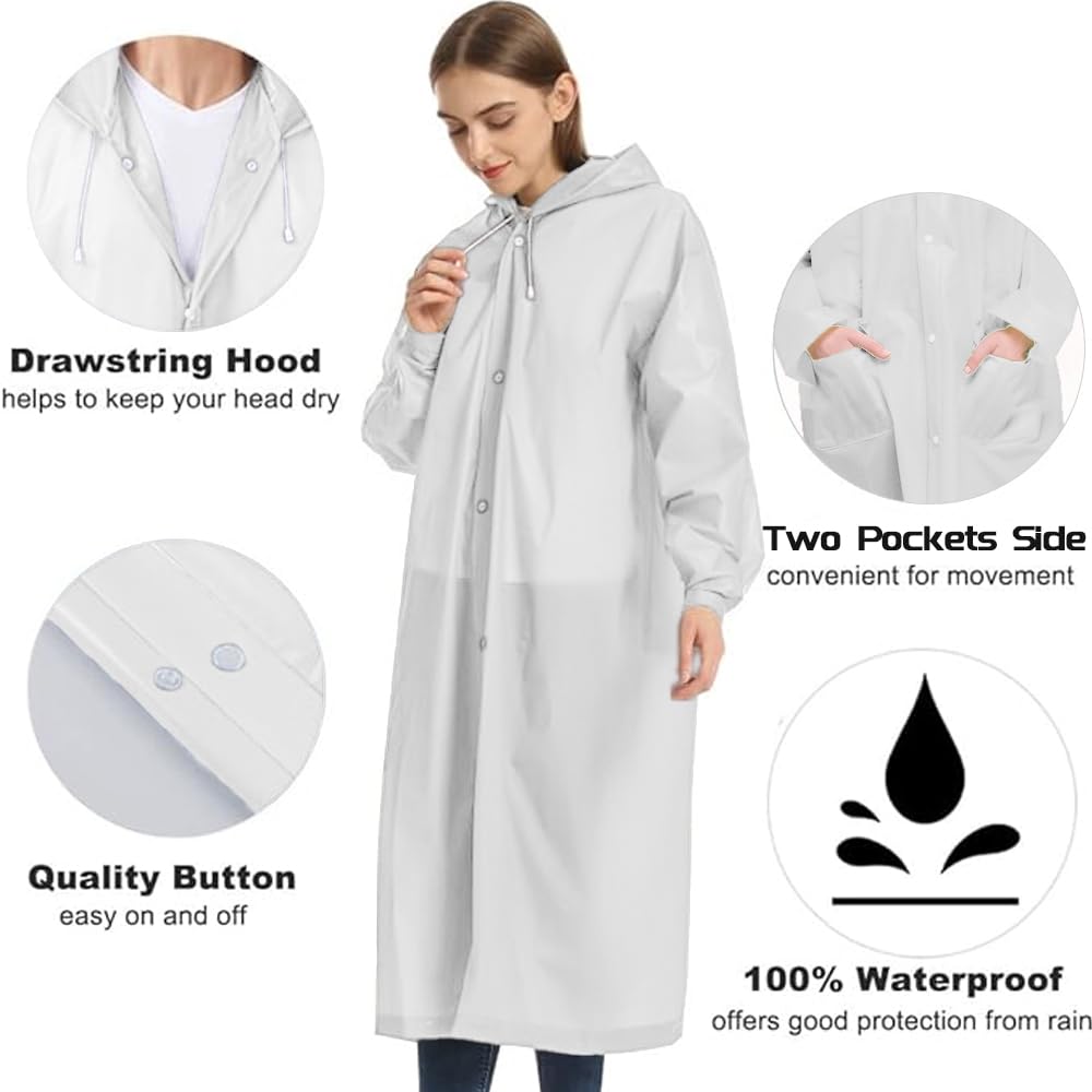 Besshopie Rain Poncho for Adults, Reusable Raincoat Emergency Rain Gear with Hoods and Sleeves White M