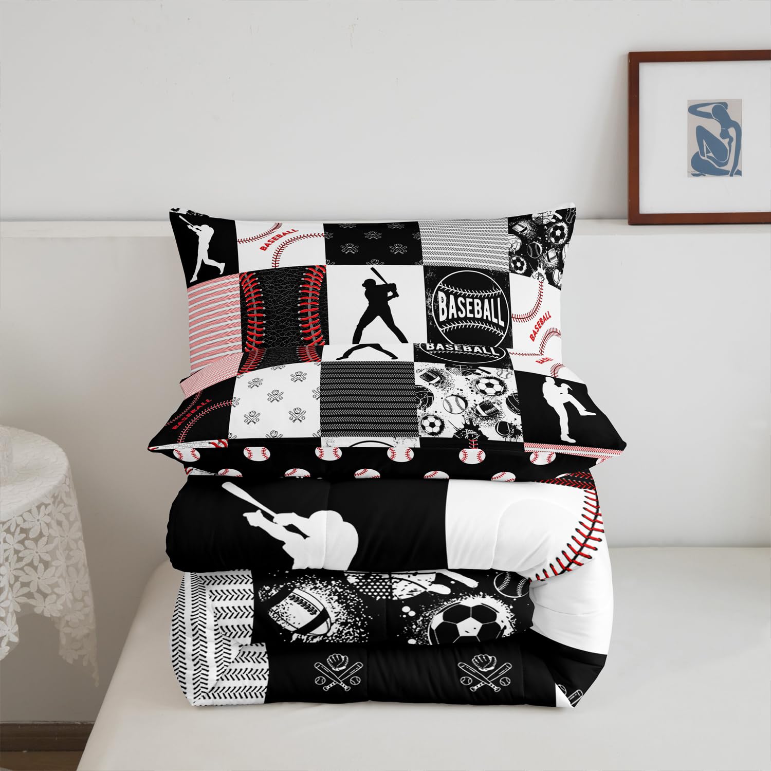 Erosebridal Twin Kids Baseball Comforter Set Softball Bedding Set Sports Game Quilted Comforter for Kids Patchwork Down Comforter Baseball Gift Duvet Insert 2pcs, Red Black Gray,Twin