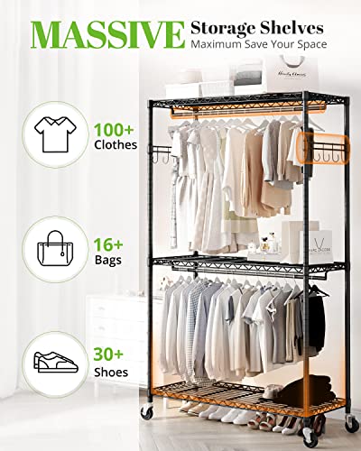 HOKEEPER Heavy Duty Wire Garment Rack Clothes Rack with Shelves and Double Rods, Rolling Clothing Rack for Hanging Clothes, Portable Freestanding Closet Storage Shelves Rack with Wheels and Hooks
