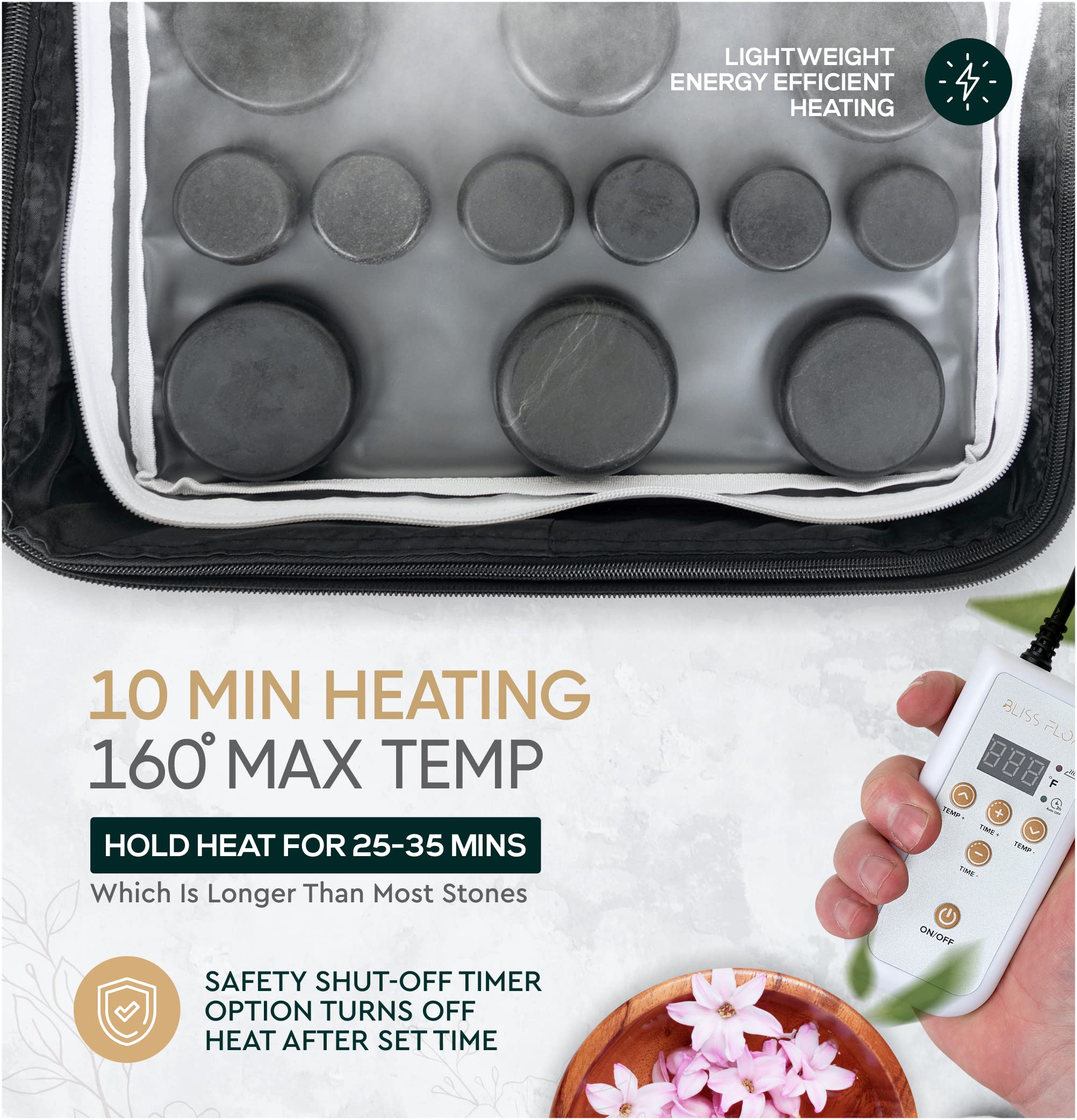 BlissFlow Massage Stone Warmer Set - Portable Heater Travel Carrying Bag - 12 Basalt Massage Heating Stones - Electric & Digital Control Stone Warmer