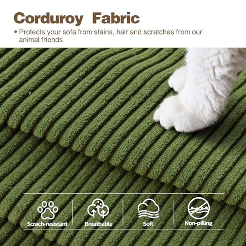 CAODOC 96" Sectional Sofa, Corduroy Fabric Modern Reversible Couch, L Shaped 3-Seat Sofa Couch with Chaise for Living Room, Green