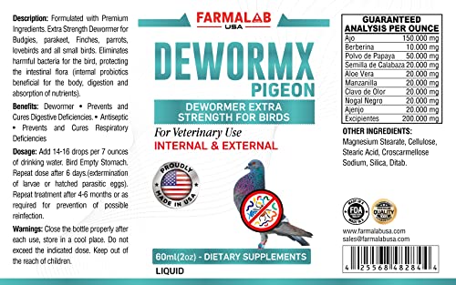 DEWORMX Liquido para Palomas 60ml DEWORMX Liquid for Pigeons Doves Birds 60ml Palomos Buchones Mensajeros Pigeon Tabs Pigeonvita Vitamins La Lechita