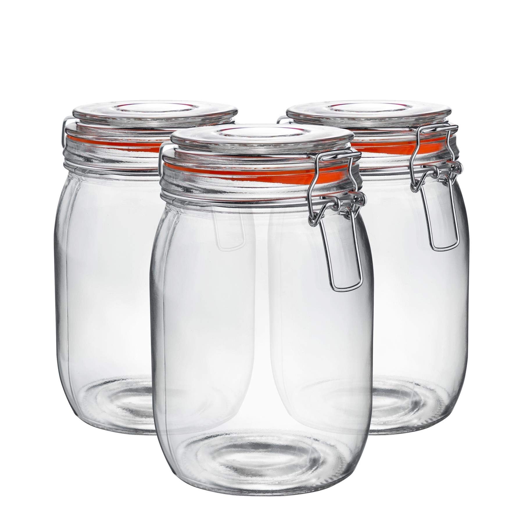 Argon Tableware 6X 1000ml (1 Litre) Clear Glass Storage Jars with Orange Airtight Silicone Seal and Metal Clip Lids - 33.8oz Large Empty Kitchen Jar Container