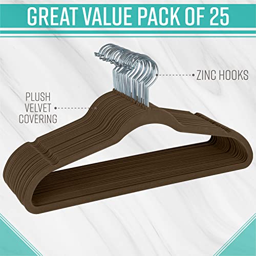 Simplify Slim Velvet Clothes Hangers | 25 Pack | Non-Slip | Shirts | Suit | Pants | Dresses | Garments | Closet Storage & Organization | Durable | Chocolate