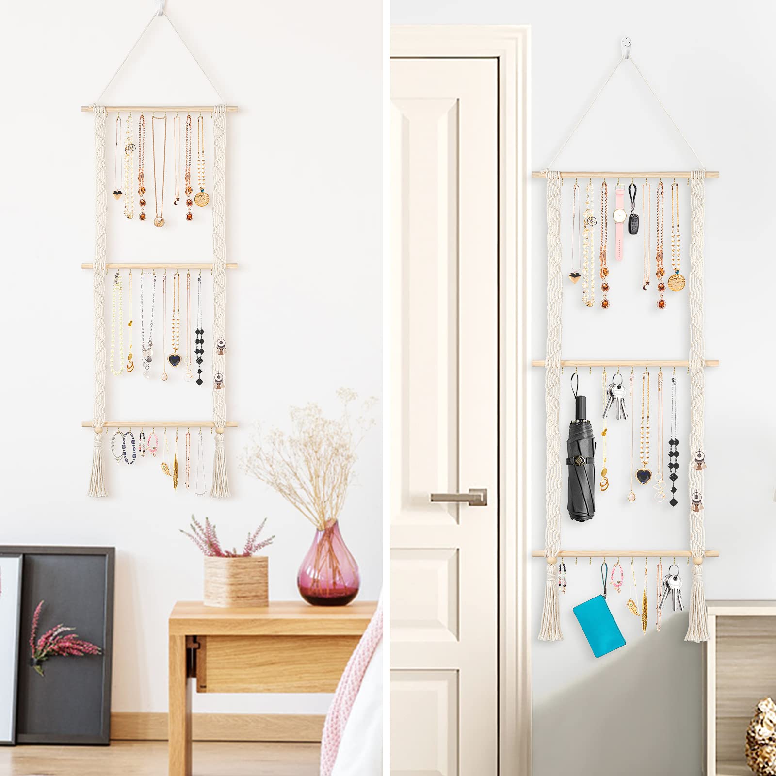 Grathia Hanging Jewelry Organizer Macrame Necklace Holder with 30 Hooks, Wall Mounted Necklace Rack, Necklace Hanger with Tassel for Necklaces Bracelet Earrings (Beige)