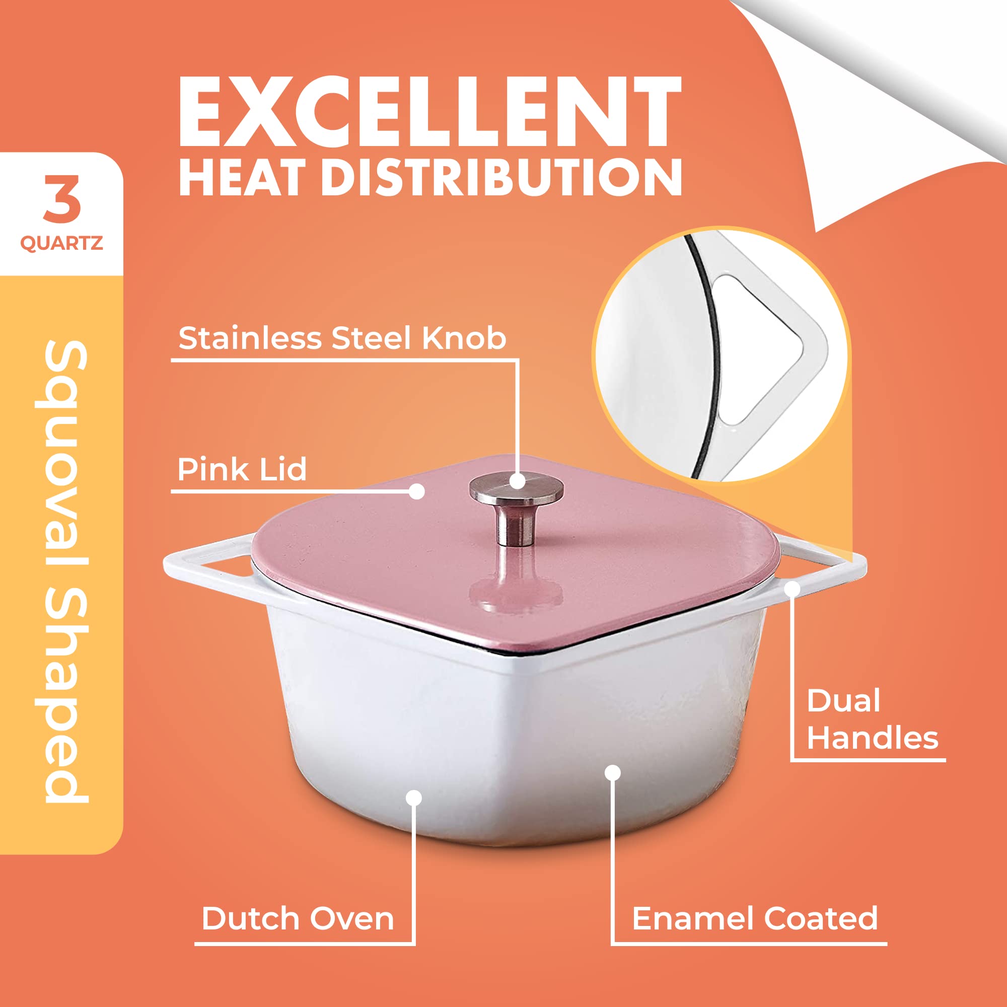 Bruntmor 3 Quart Cast Iron Enameled Dutch Oven - Modern Squoval Design - Nonstick Seasoned Pot with Stainless Steel Knob - Ideal for Christmas/Thanksgiving Dinner - White with Pink Lid