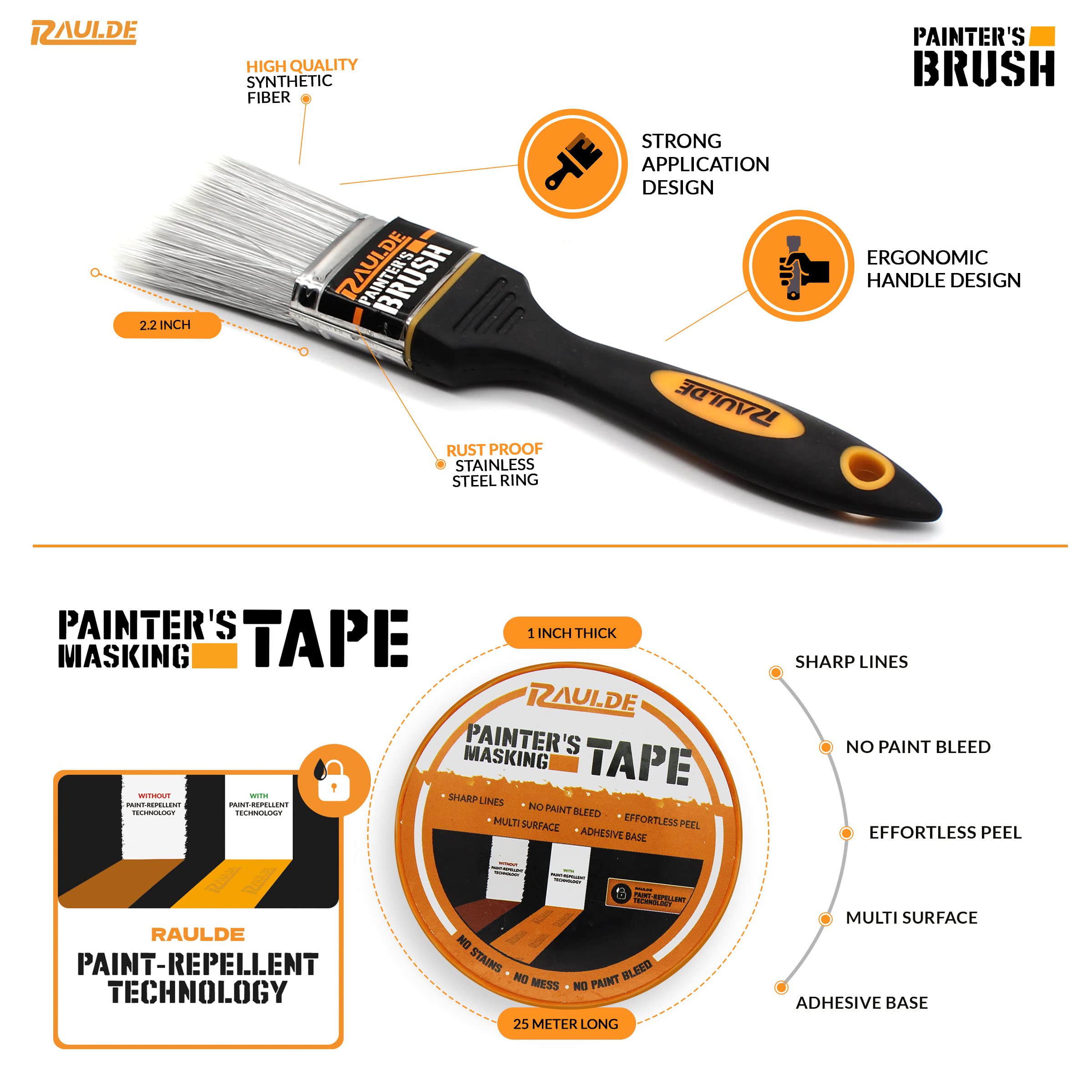 Raulde Paint Roller Kit of 10 Pcs - Includes a Paint Tray, Brush, Large and Mini Rollers & Sleeves, Paint Repellent Masking Tape, Paint Mixer - Roller Set for Painting Walls