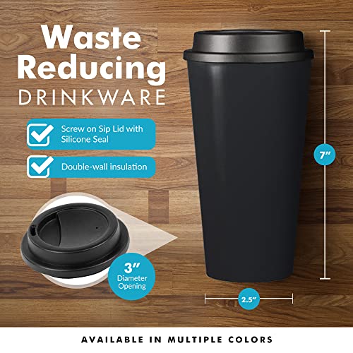 Simply Green Solutions - Reusable Coffee Cups with Lids, Thermal Cups for Hot and Cold Drinks, Double Wall Tumbler, To Go Coffee Cups, 16 oz Coffee Tumbler, Screw-On Sip Lid, Dishwasher Safe, Black
