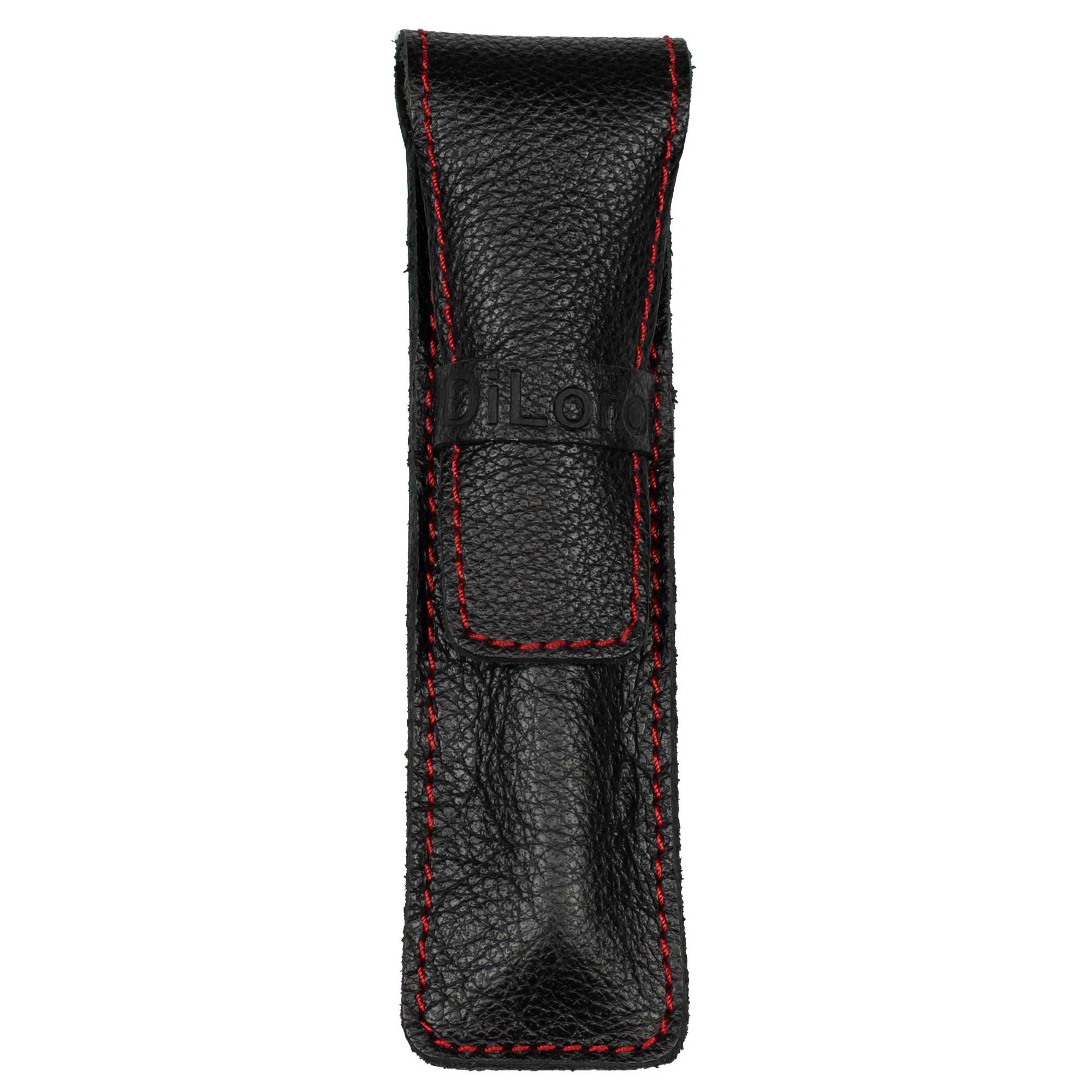 DiLoro Full Grain Leather Single Pen Case Holder Pouch Pencil Organizer (Buffalo Black w Red)