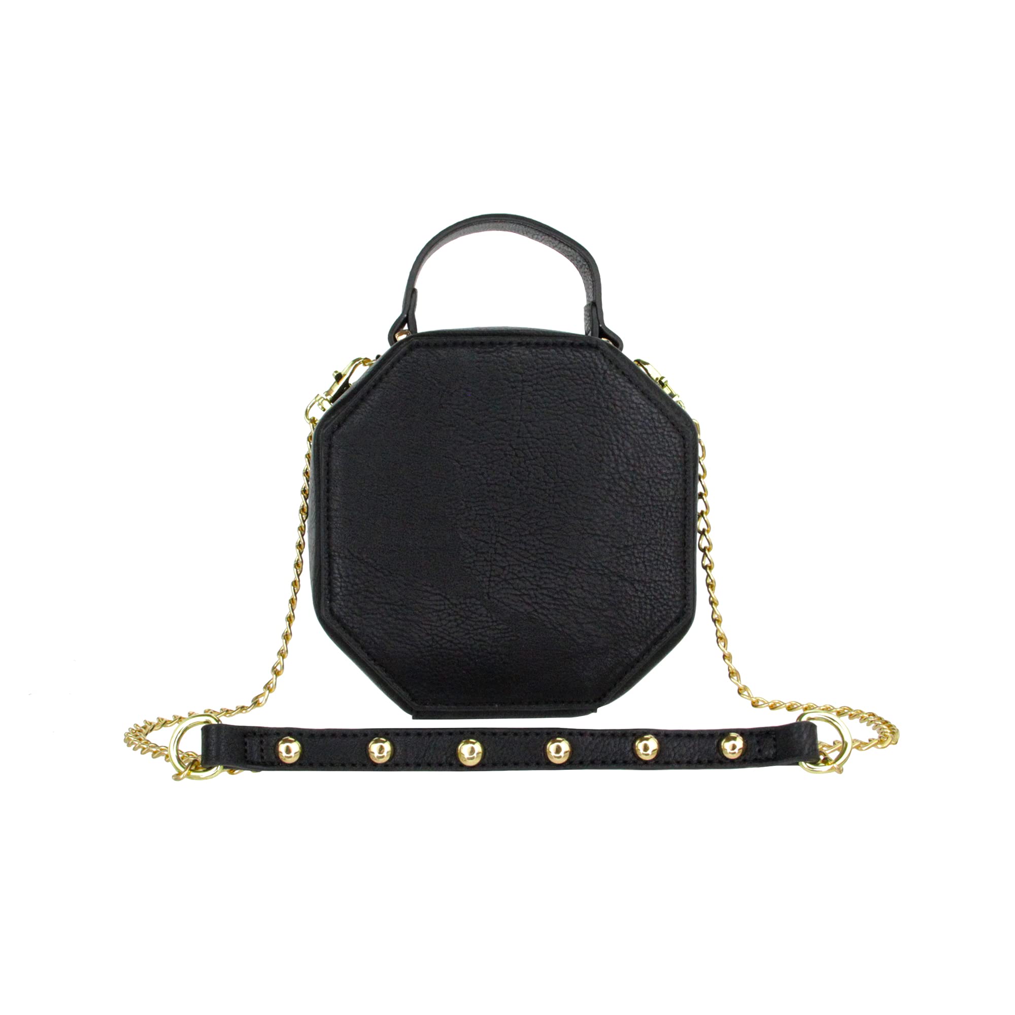 Olivia Miller Women's Fashion PU Leather Mini Octagon Crossbody Shoulder Handbag w Gold Stud Accent n Zipper, Casual Evening Purse