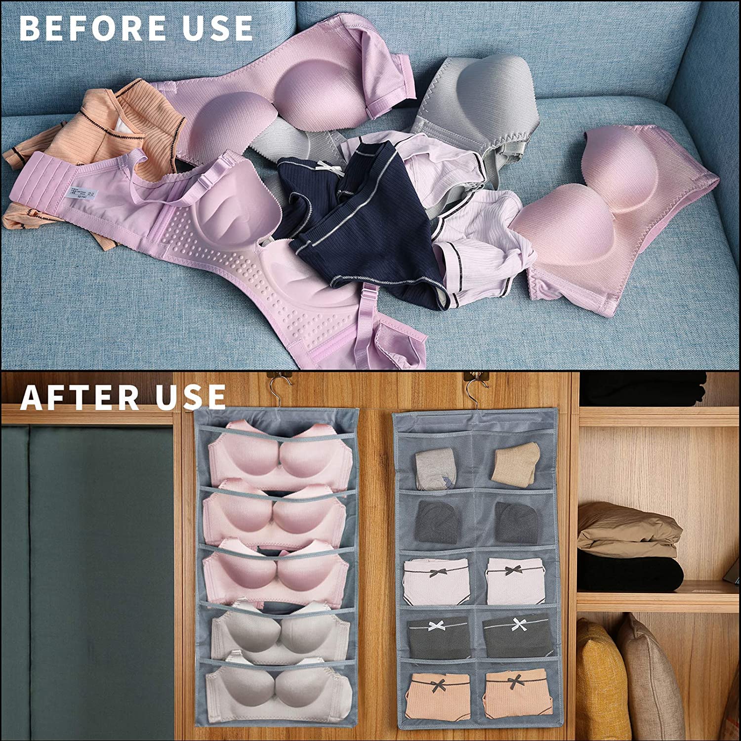 Hanging Underwear Closet Organizer, Bra Organizer for Closet Hanging, Dual-Sided Socks Hanging Closet Organizer,Bra Closet Organizers and Storage Hanging 15 Pockets