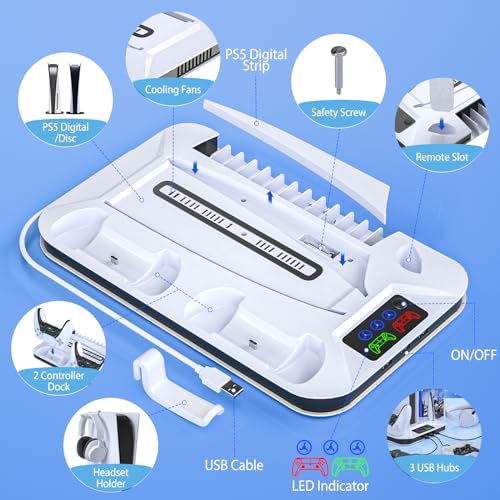 Cooling Station with Dual Controller Charging Station for PS5, Upgraded Accessories Vertical for PS5 Stand, 3-Levels Cooling Fan, 3 USB Hub and Headset Holder for Playstation 5 Disc/Digital Edition