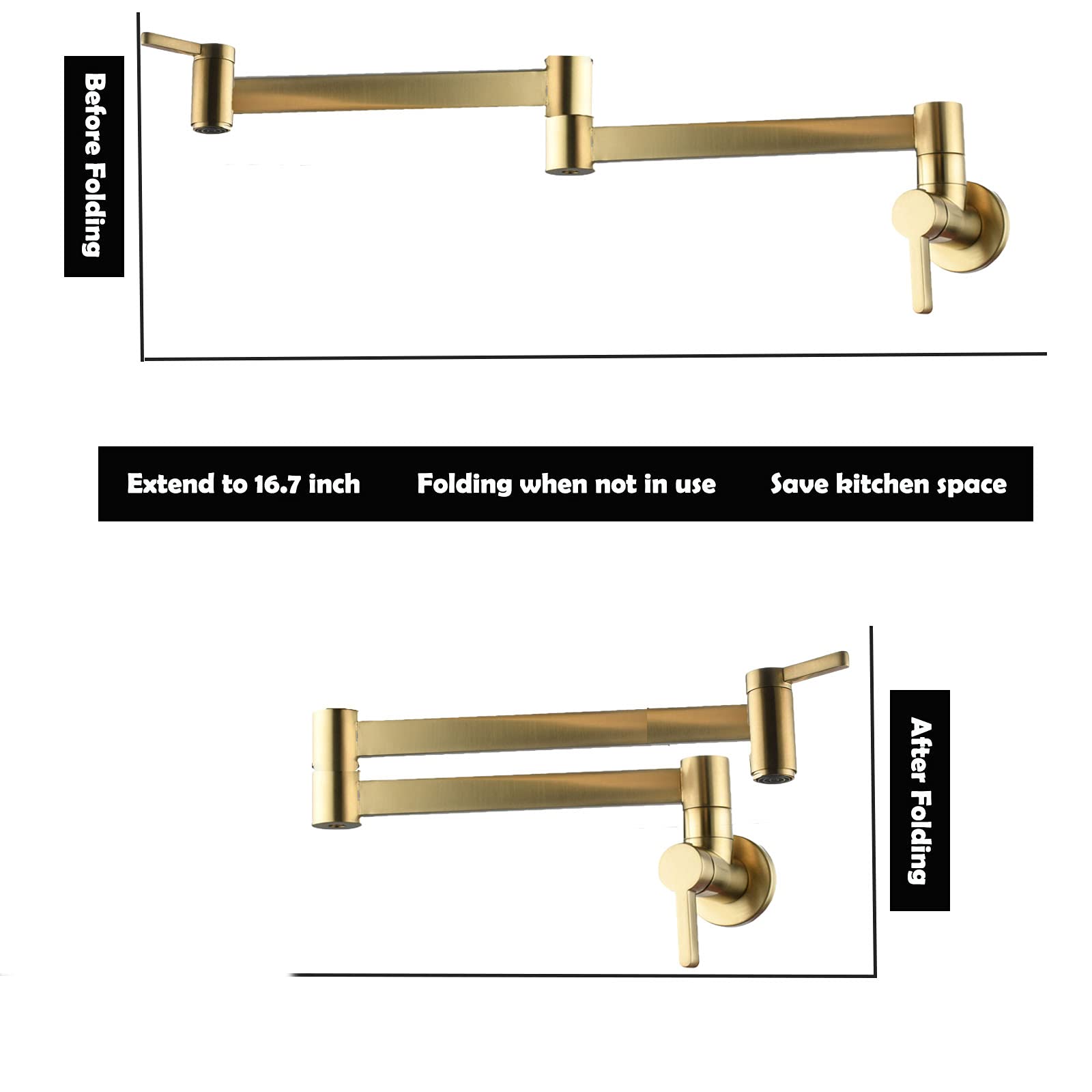 Brushed Gold Pot Filler Faucet Wall Mount, Biveah Brass Folding Kitchen Sink Faucet Single Hole, KLB011BG