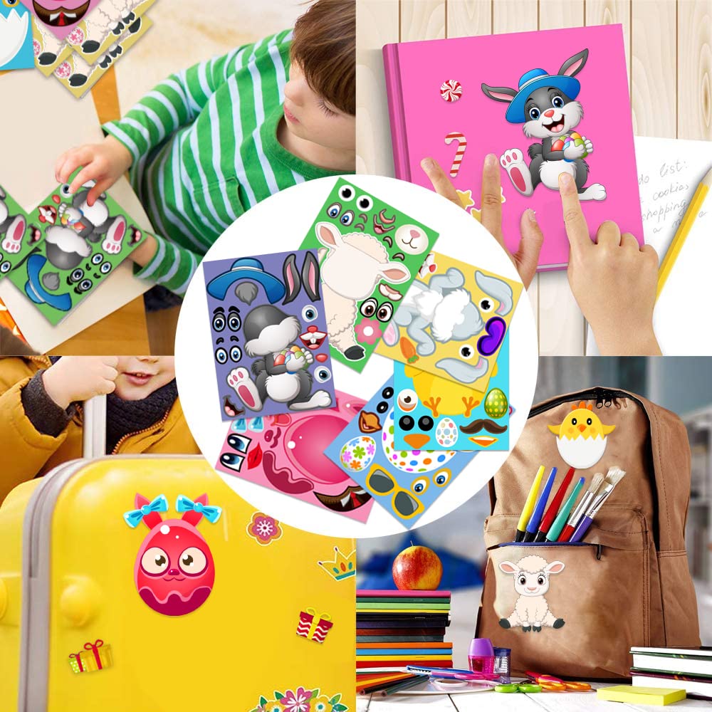 ROCWOHO 36 PCS Mix and Match Make Your Own Stickers with Easter Egg, Bunny, Chicken, Sheep, Easter Decorations Party Favor Supplies Game Birthday School Classroom Supplies DIY Art Crafts for Kids