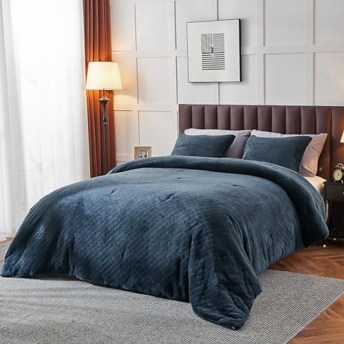 Cupocupa Velvet Comforter Set; 3 Pieces Ultra Soft Plush Warm Bedding Comforters ;Modern King Comforter Sets for Fall and Winter (Navy Blue King)