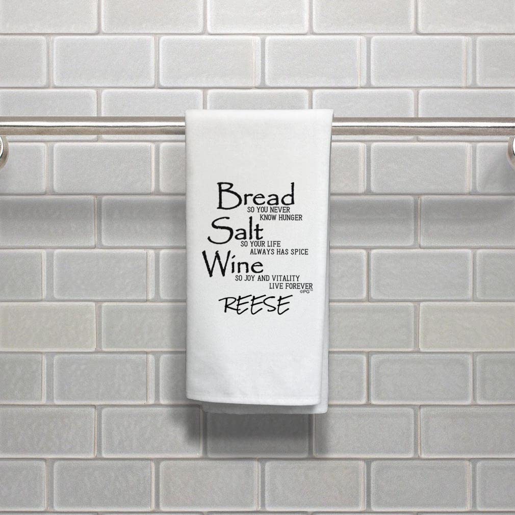 Bread Salt Wine Housewarming Gift for Women Wonderful Life Quote with Custom Text Personalized Kitchen Tea Towel White