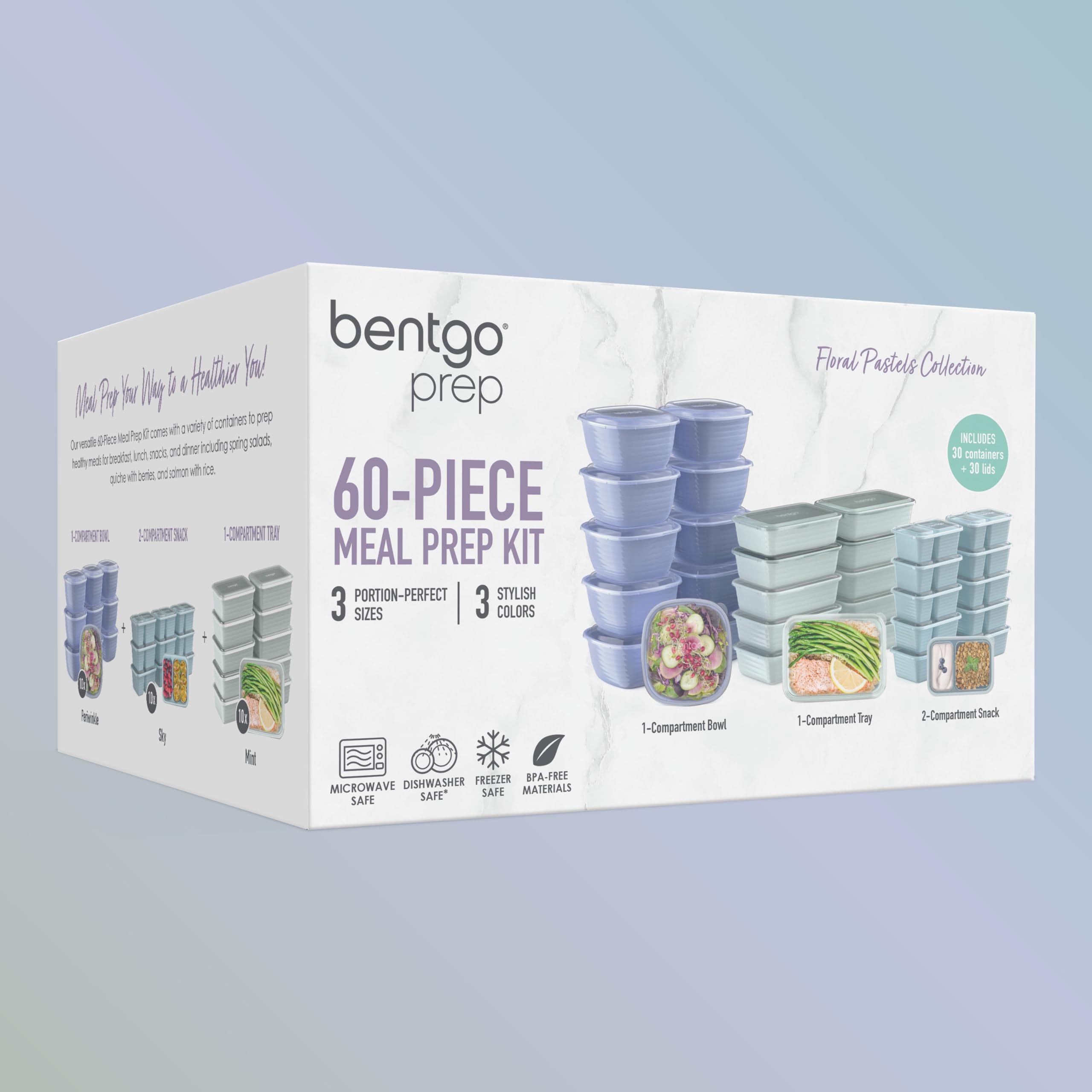 Bentgo® Prep 60-Piece Variety Meal Prep Kit - Reusable Food Containers 1-Compartment Trays, Prep Bowls, & Snack Boxes for Healthy Eating - Microwave, Freezer, & Dishwasher Safe (Floral Pastels)