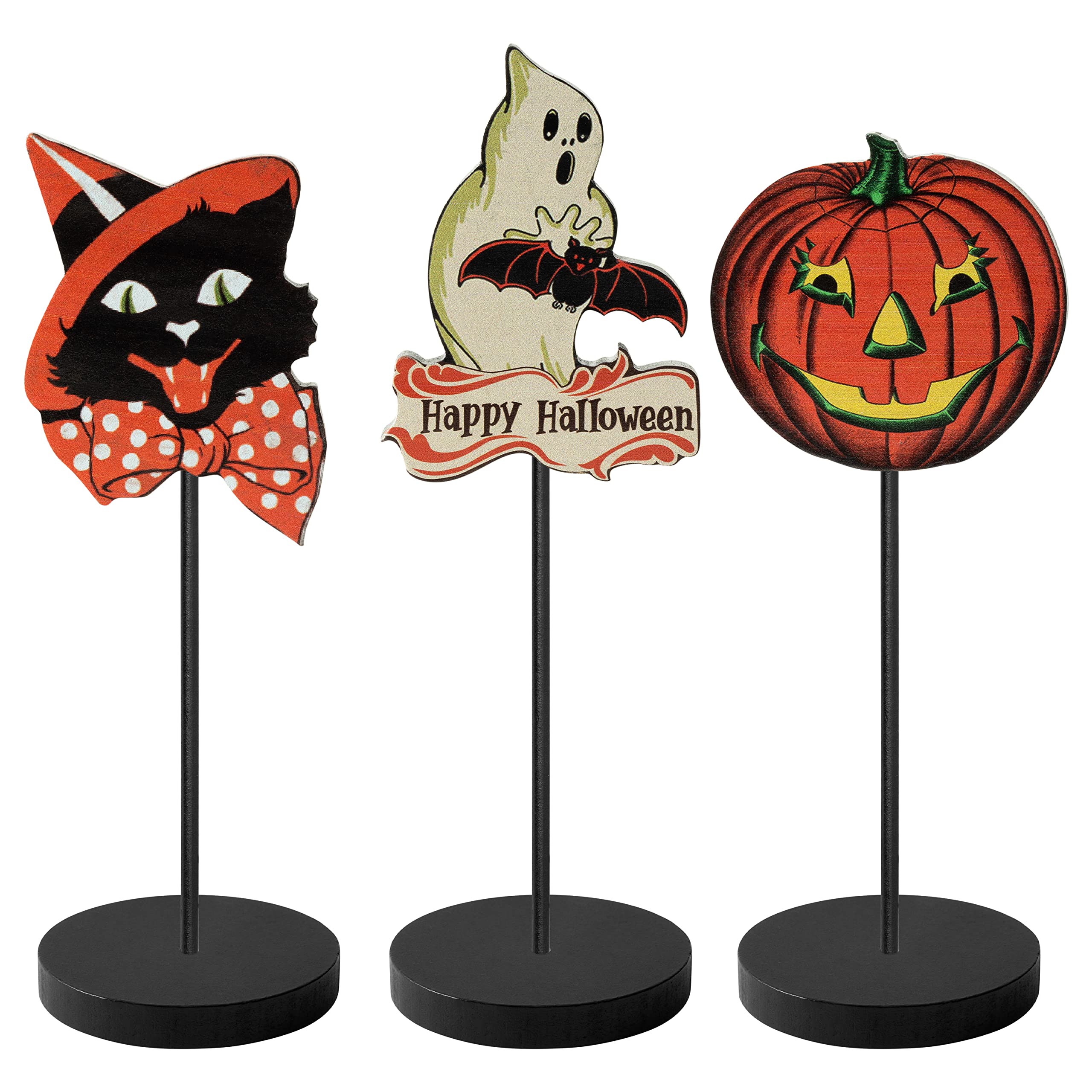 L1rabe 3Pcs Happy Halloween Wood Table Decor Sign Black Cat Halloween Standing Wood Blocks Halloween Ghost Decorations Vintage Pumpkin Decor for Home Party Mantle Tier Tray Decor Halloween Gifts