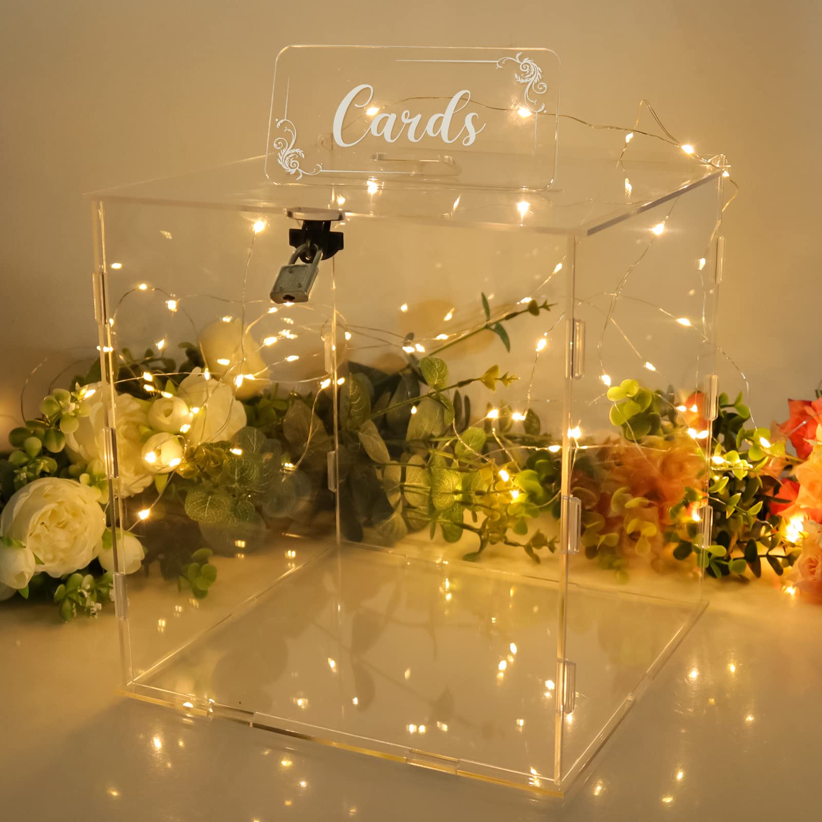 Eaezerav Acrylic Wedding Card Box, Clear Acrylic Wedding Money Box with Lock and Card Sign for Reception Anniversary Wedding Birthday Graduation Party (Acrylic 10×10×9 Inch)