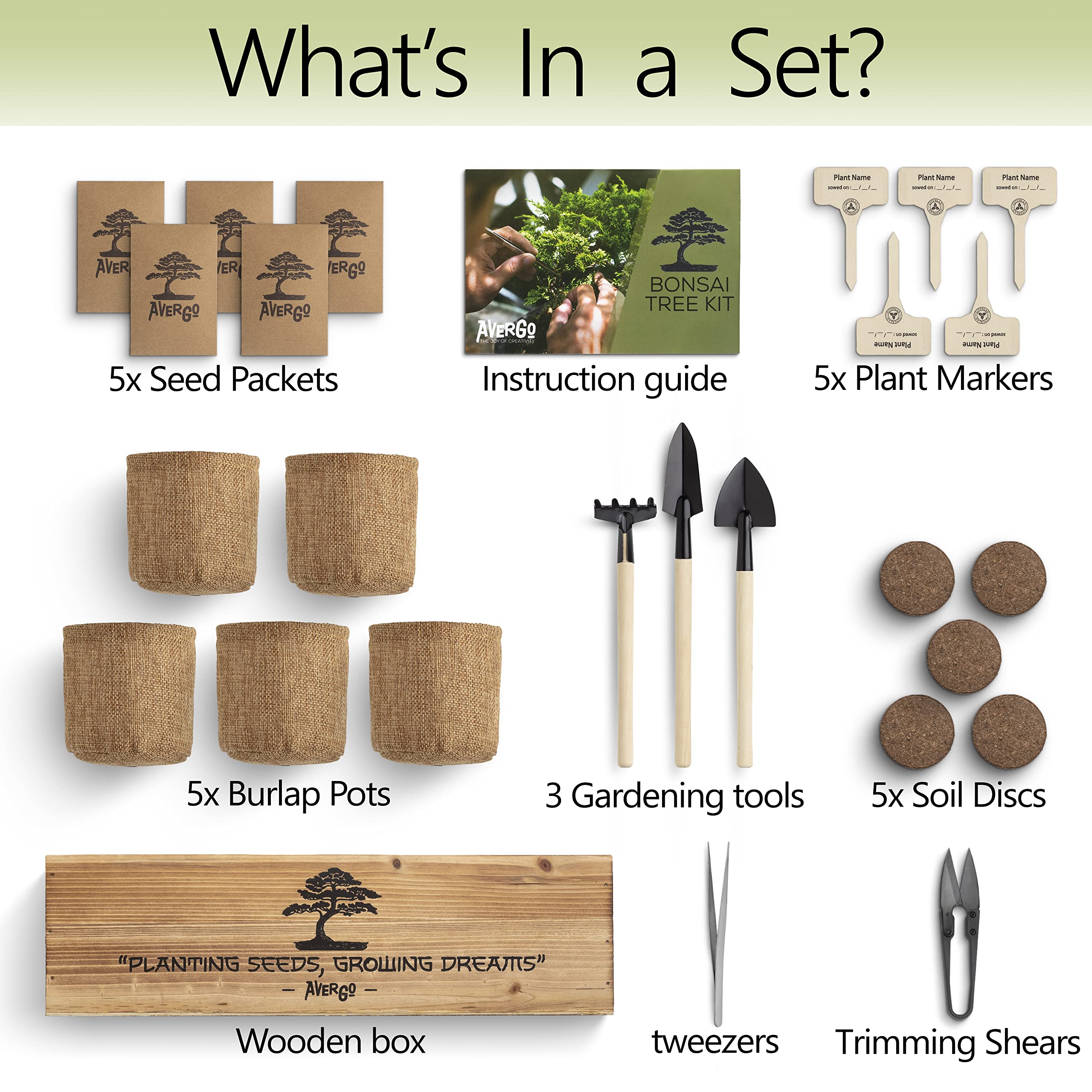 AVERGO Bonsai Tree Kit β 5X Unique Japanese Bonzai Trees | Complete Indoor Bonsai Starter Kit for Growing Bonsai Plants with Tools & Planters β Gardening Gifts for Women & Men