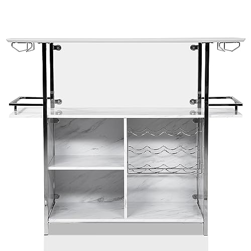 Furniture of America Linda Glam Faux Marble Multi-Storage Bar Table with Comfortable Footrest for Dining Room, Kitchen, White and Chrome