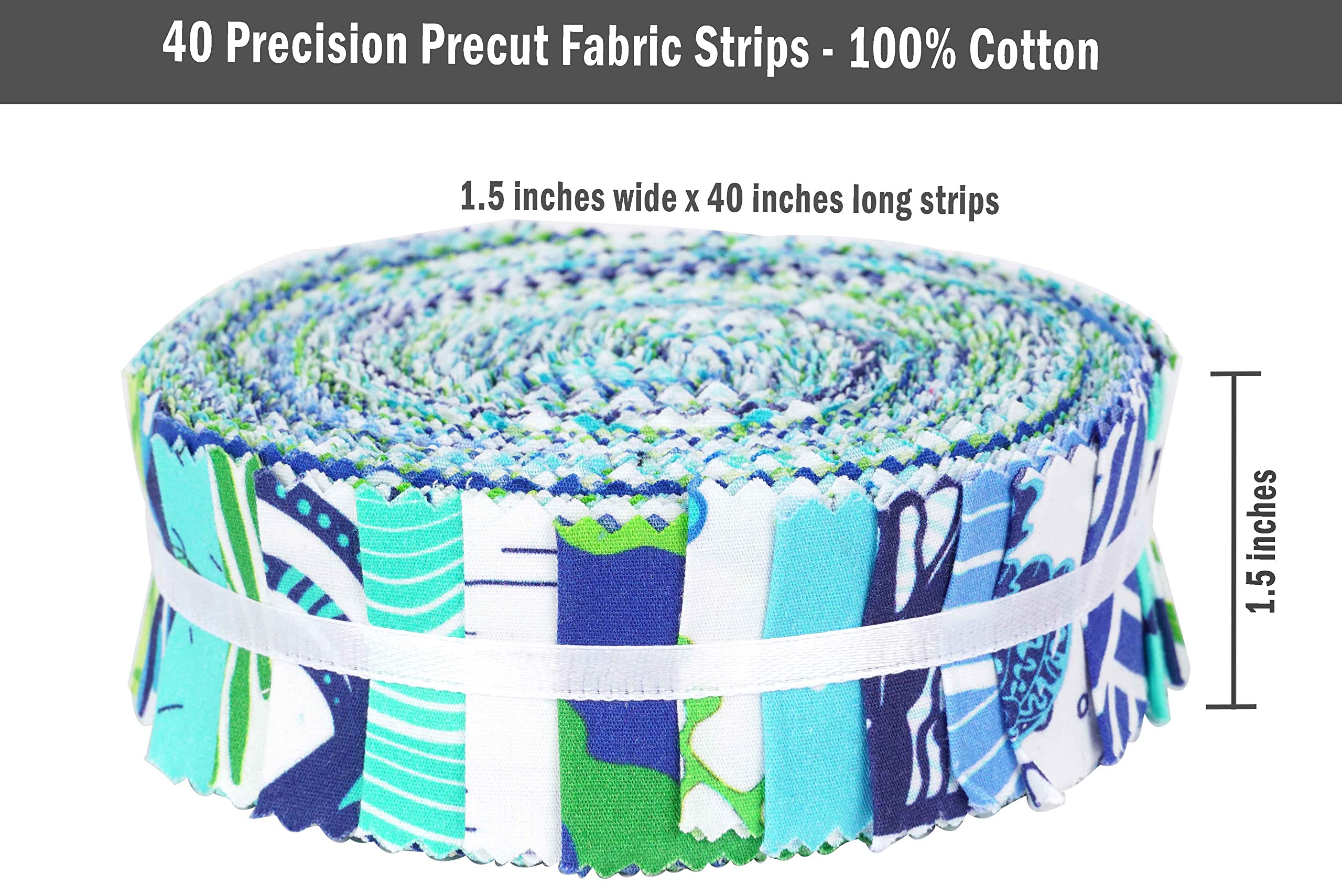 Soimoi 40Pcs Ocean Print Precut Fabrics Strips Roll Up 1.5x42 inches Cotton Jelly Rolls for Quilting - Medium Blue