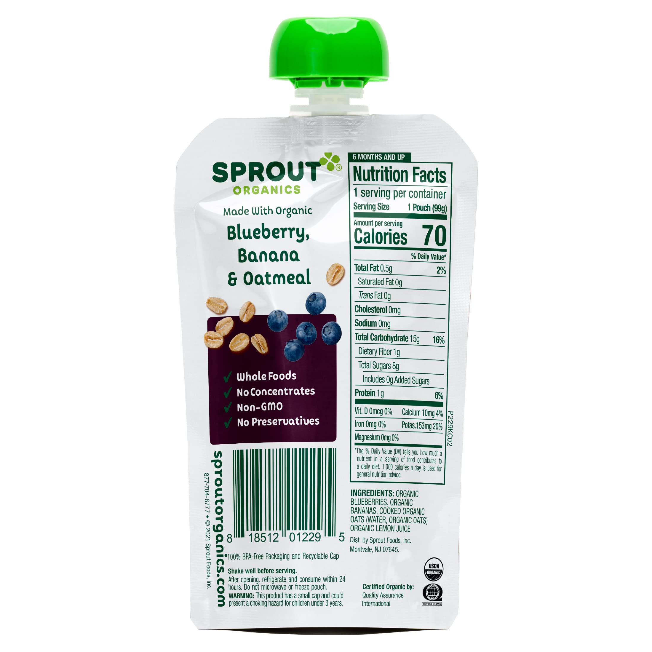 Sprout Organics Blueberry, Banana & Oatmeal Baby Food, Kosher, 3.5 Ounces (Pack Of 6)