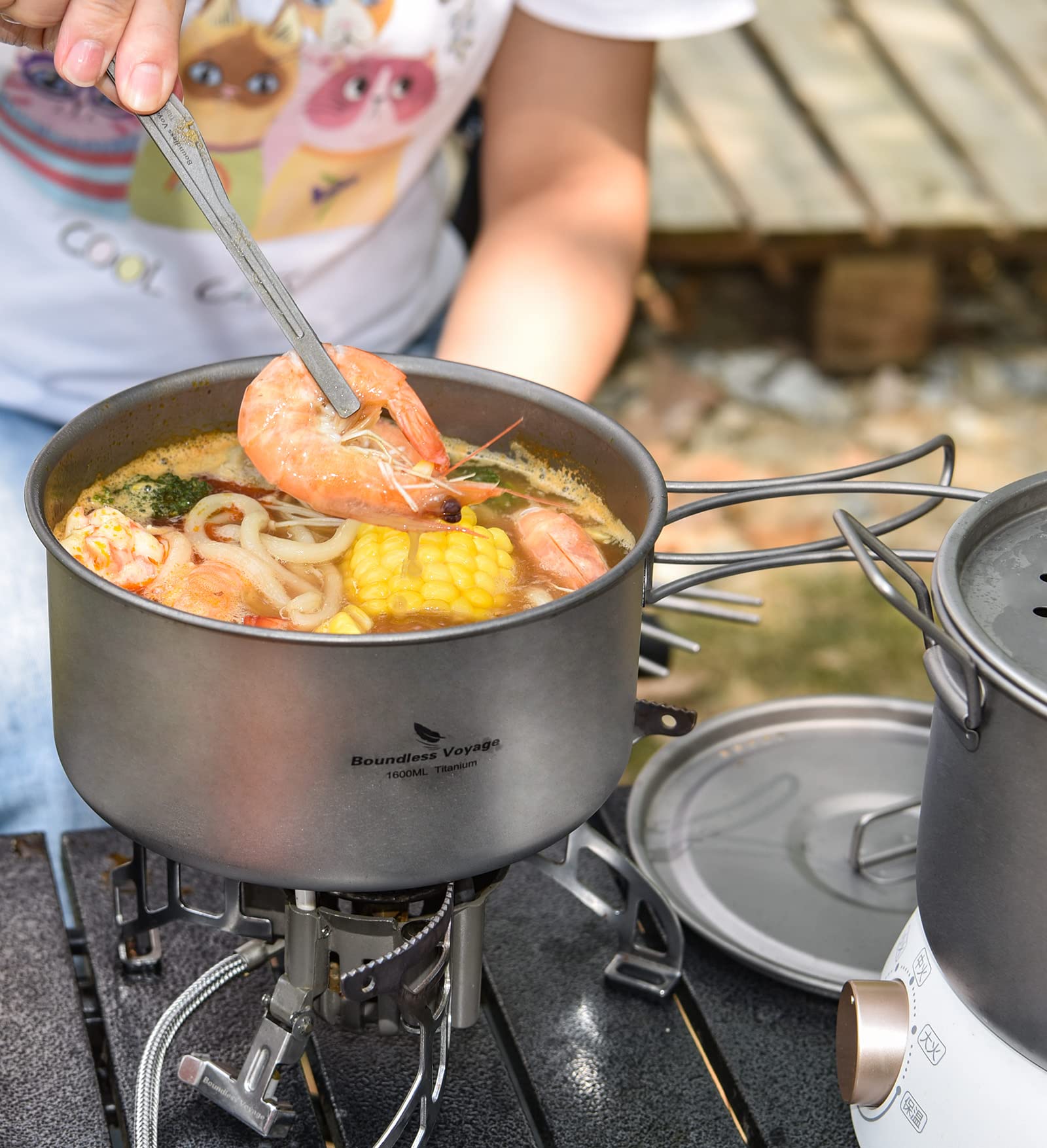 Boundless Voyage Camping Cookware Lightweight Cooking Pot Set Titanium Pot Portable for Outdoor Cooking Traveling Hiking Trekking Backpacking, 1-5 Person (107C-108C-29P)